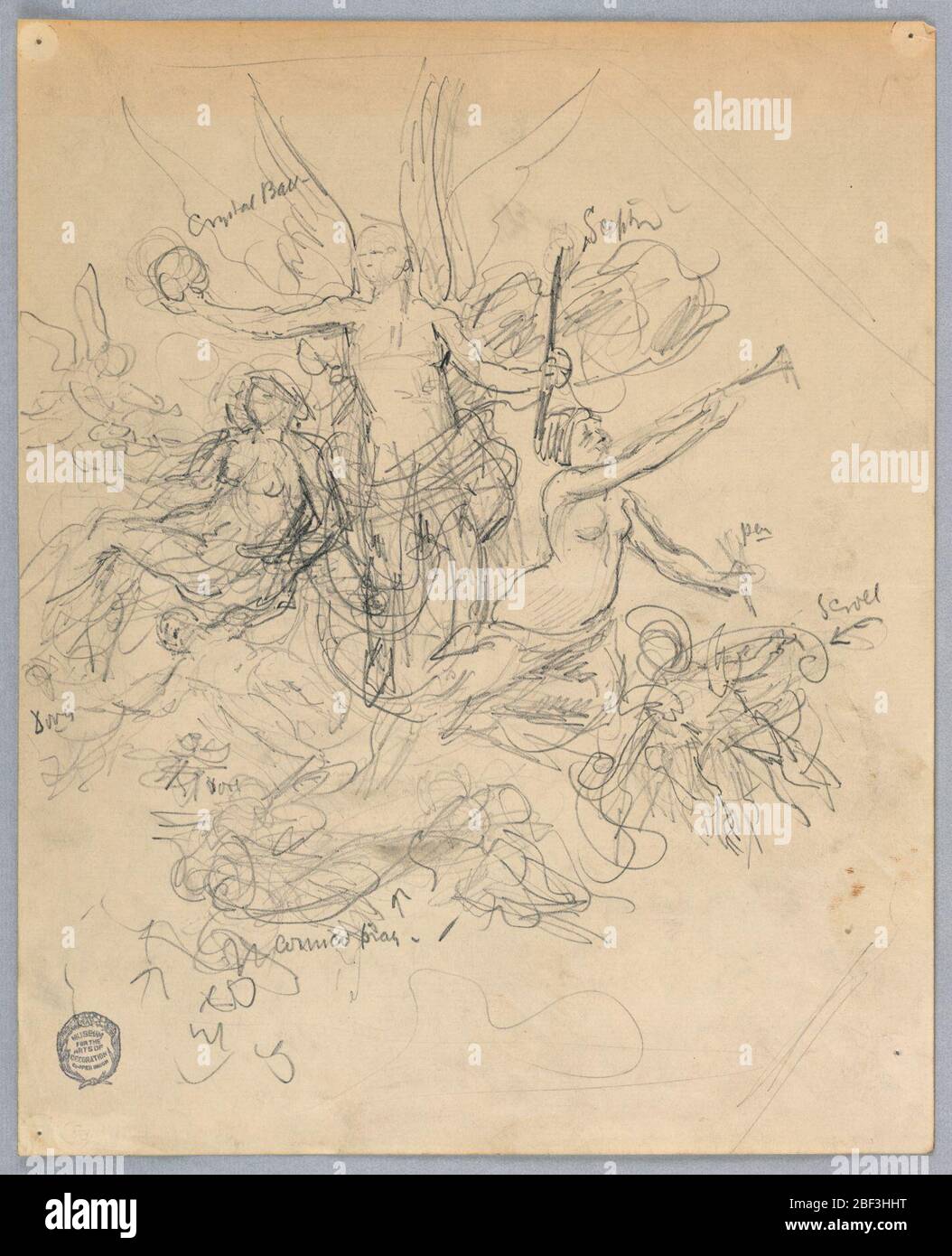 Sketch of Winged Figure Possibly Fortuna. Winged figure center with ...