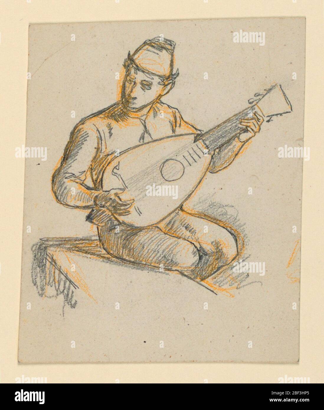 Seated boy playing a lute. Young male figure seated on a bench, turned ...