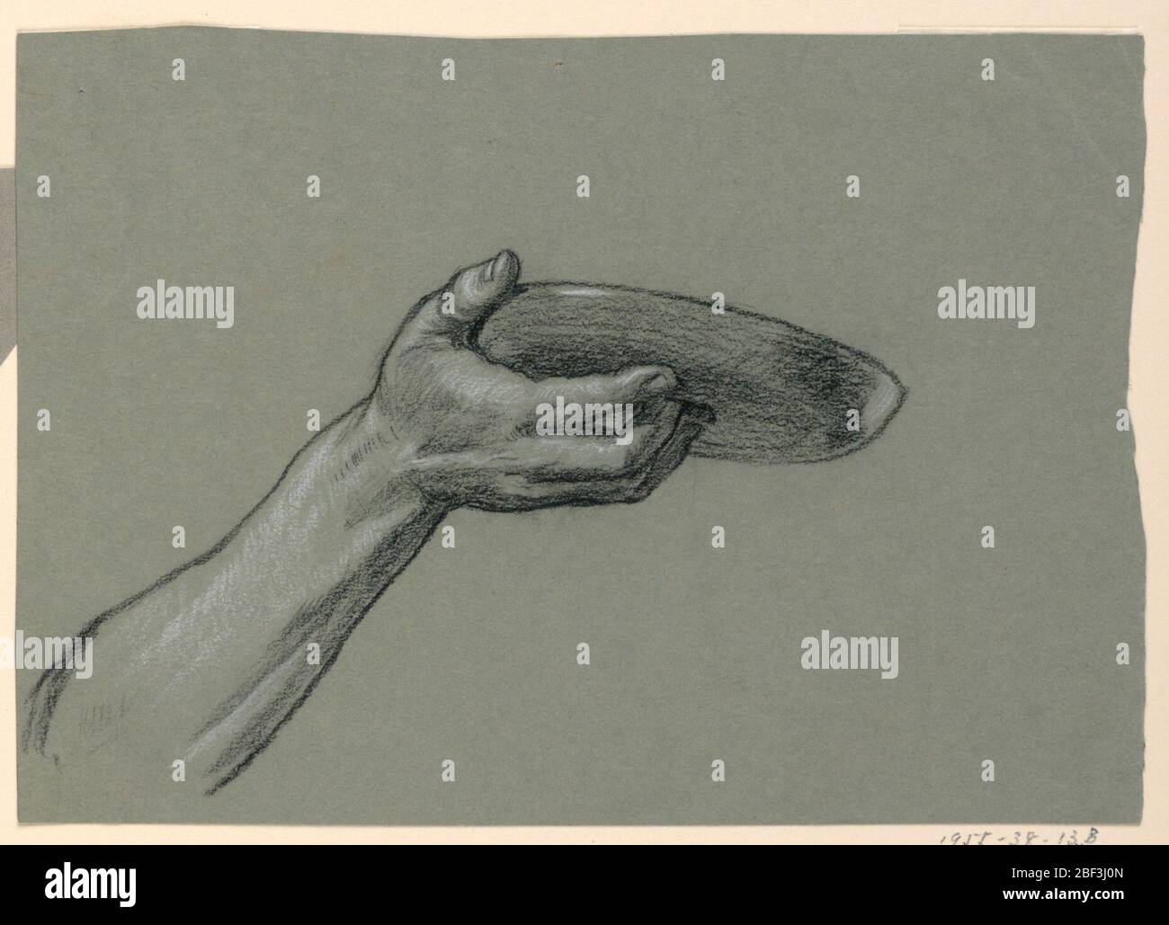 Study of arm. Detail of a male figure's right hand holding a circular ...