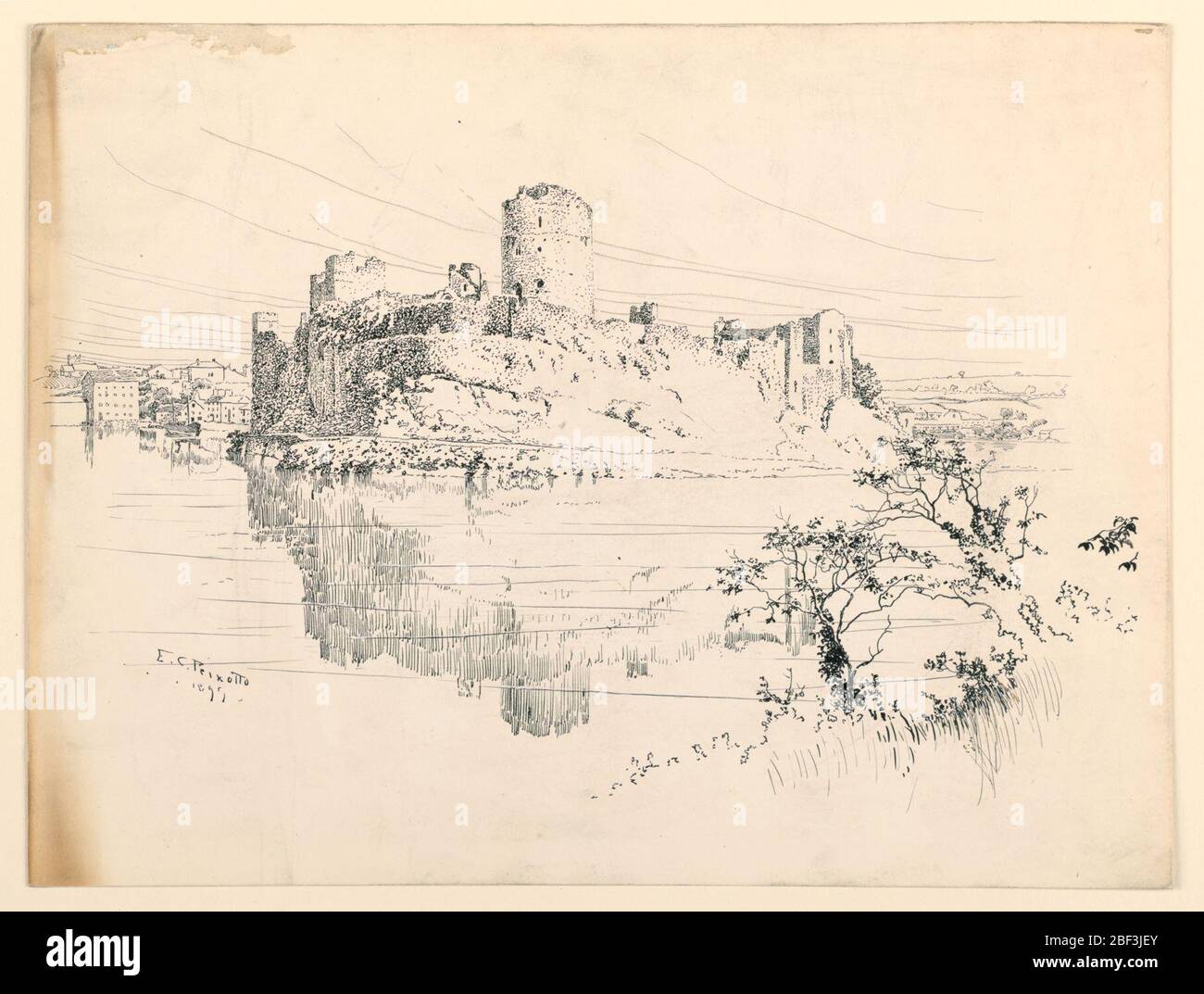 Pembroke Castle. View of a large fortified castle, somewhat ruined ...
