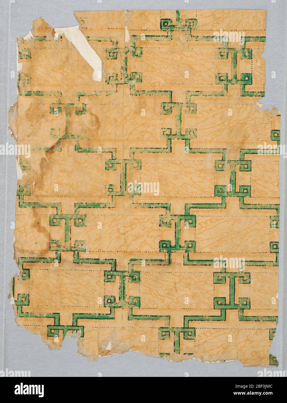 Sidewall. A squared off, repeating, strapwork design in green ...