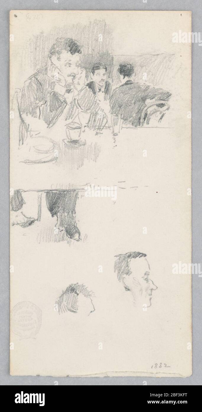 Caf. Partial sketch of a café with two male figures seated at a table ...