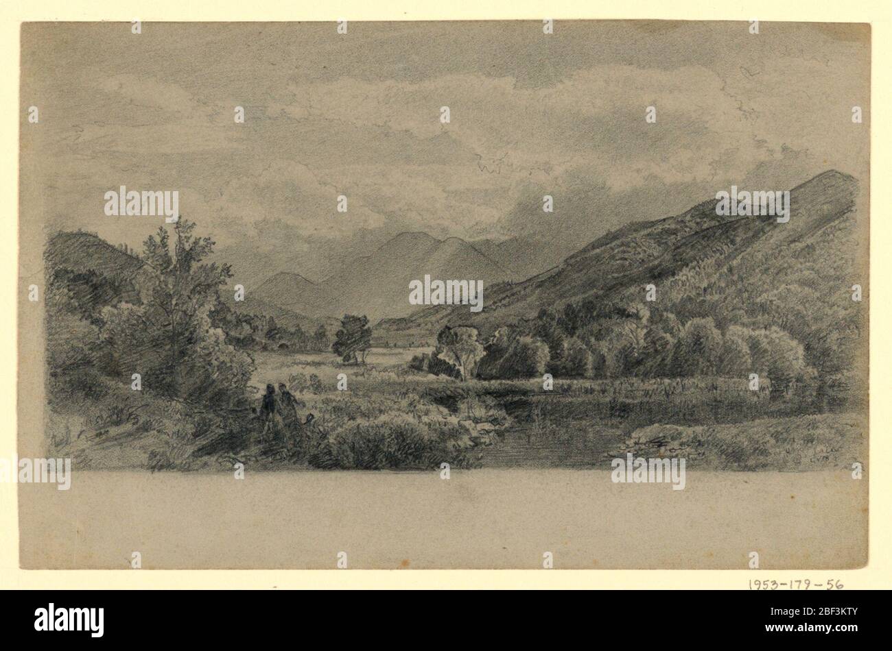 Landscape Germany. Sketch of a river in a valley with mountains in the ...