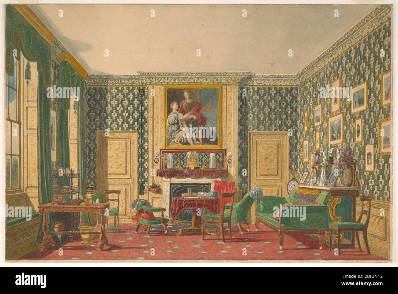 An Interior. The boldly patterned wallpaper, green draperies and ...