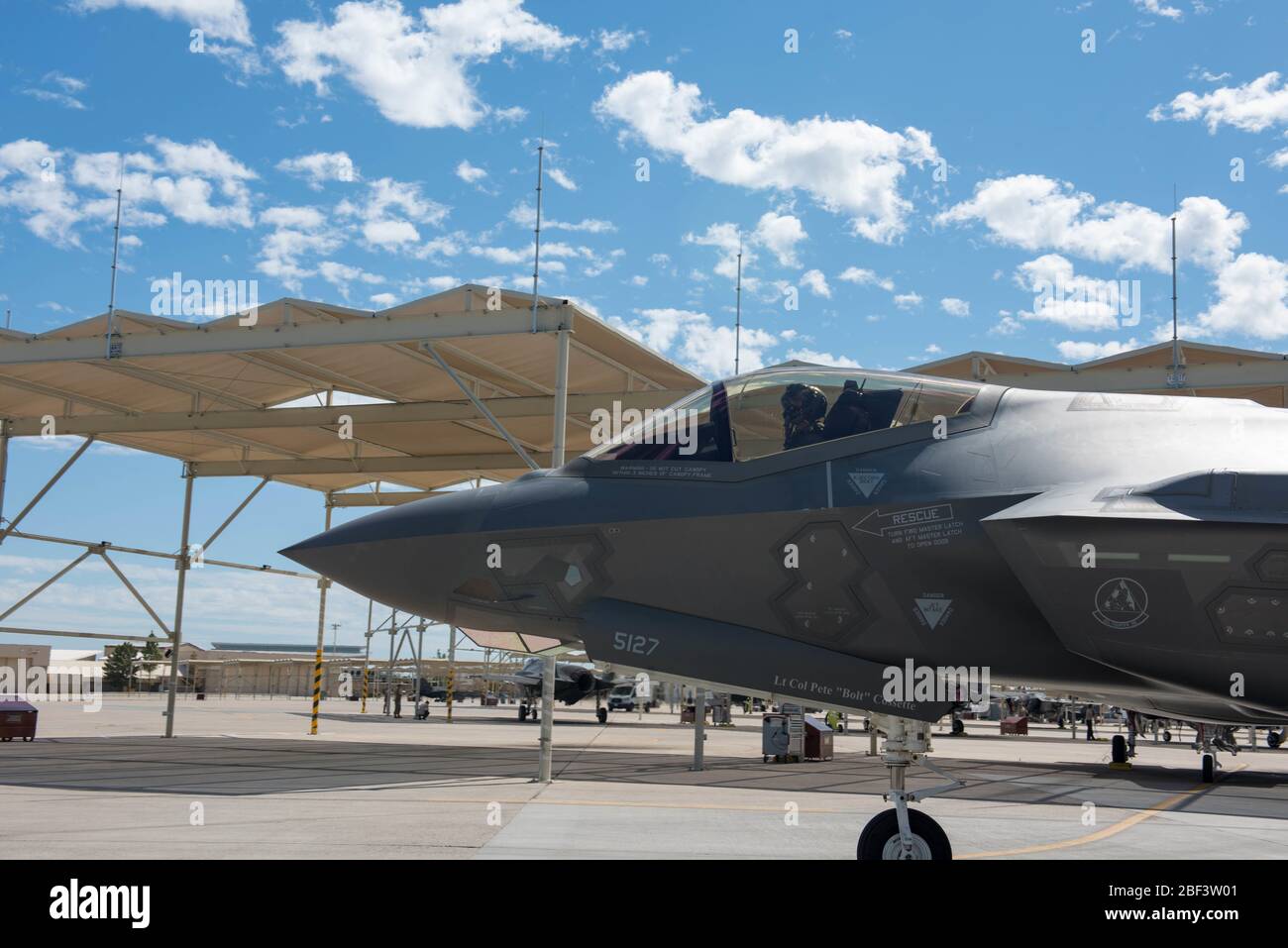 An F-35A Lightning II assigned to the 63rd Fighter Squadron taxis to ...