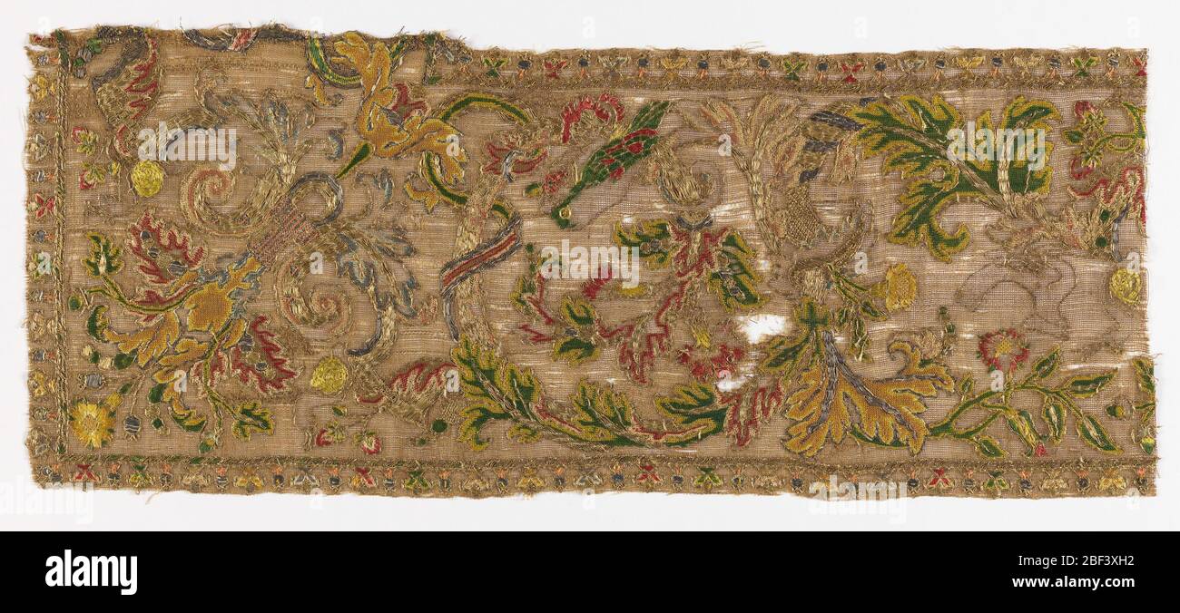 Fragment. Gauze weave (buratto) with embroidery of scrolling steam with ...