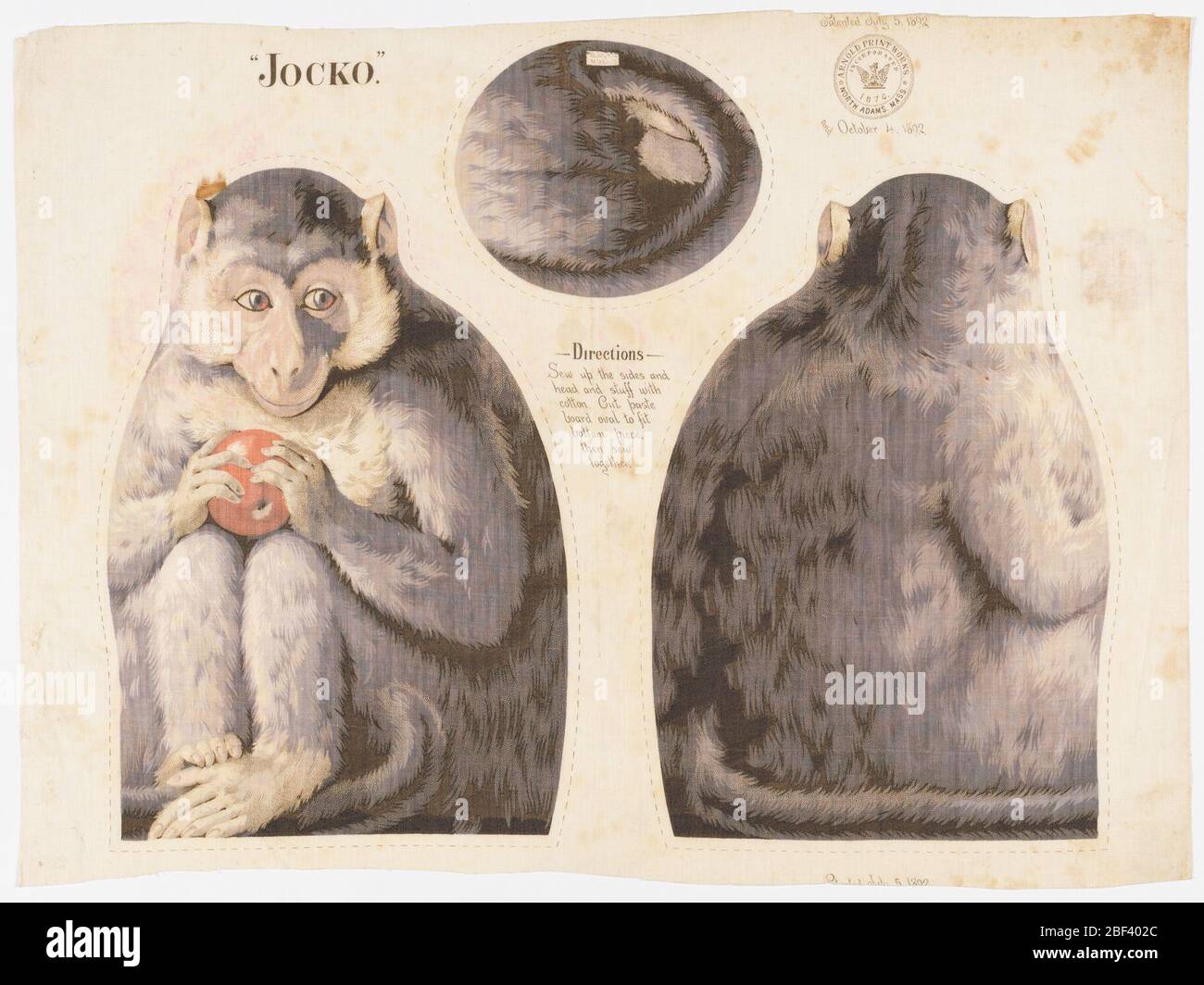 Jocko. Printed panel, entitled "Jocko" with front, back and bottom ...