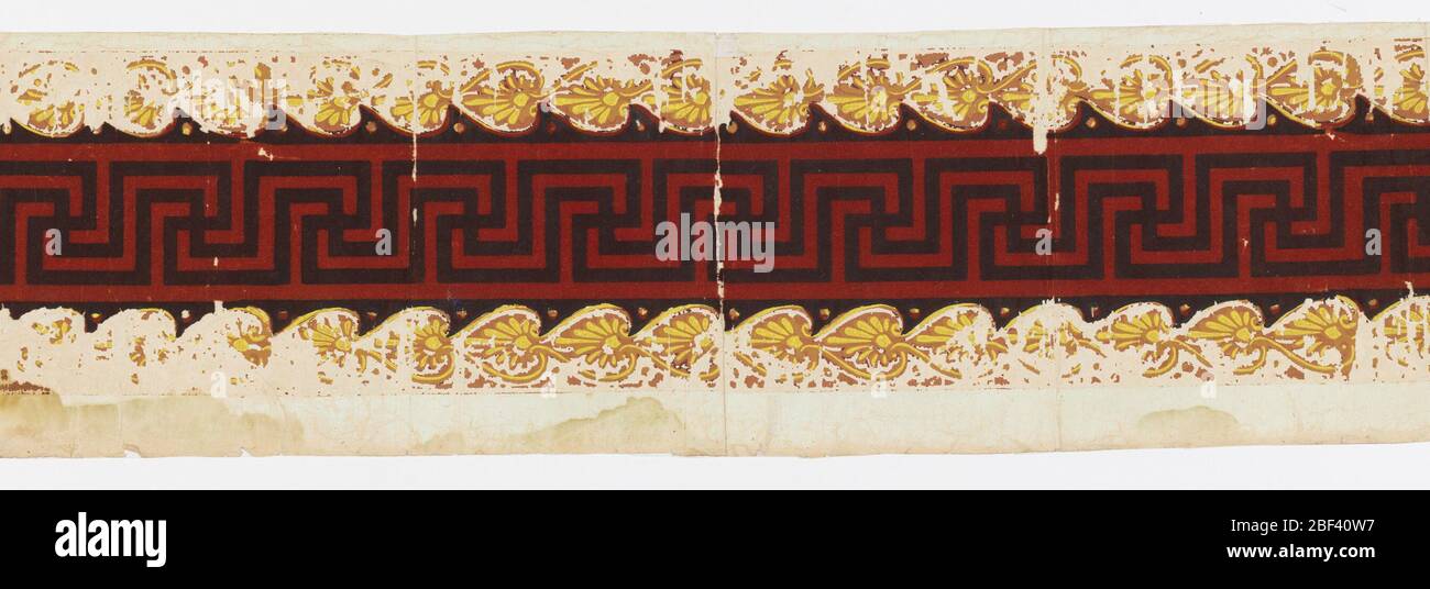 Border. Rust-red flock border over-printed with black fret design ...