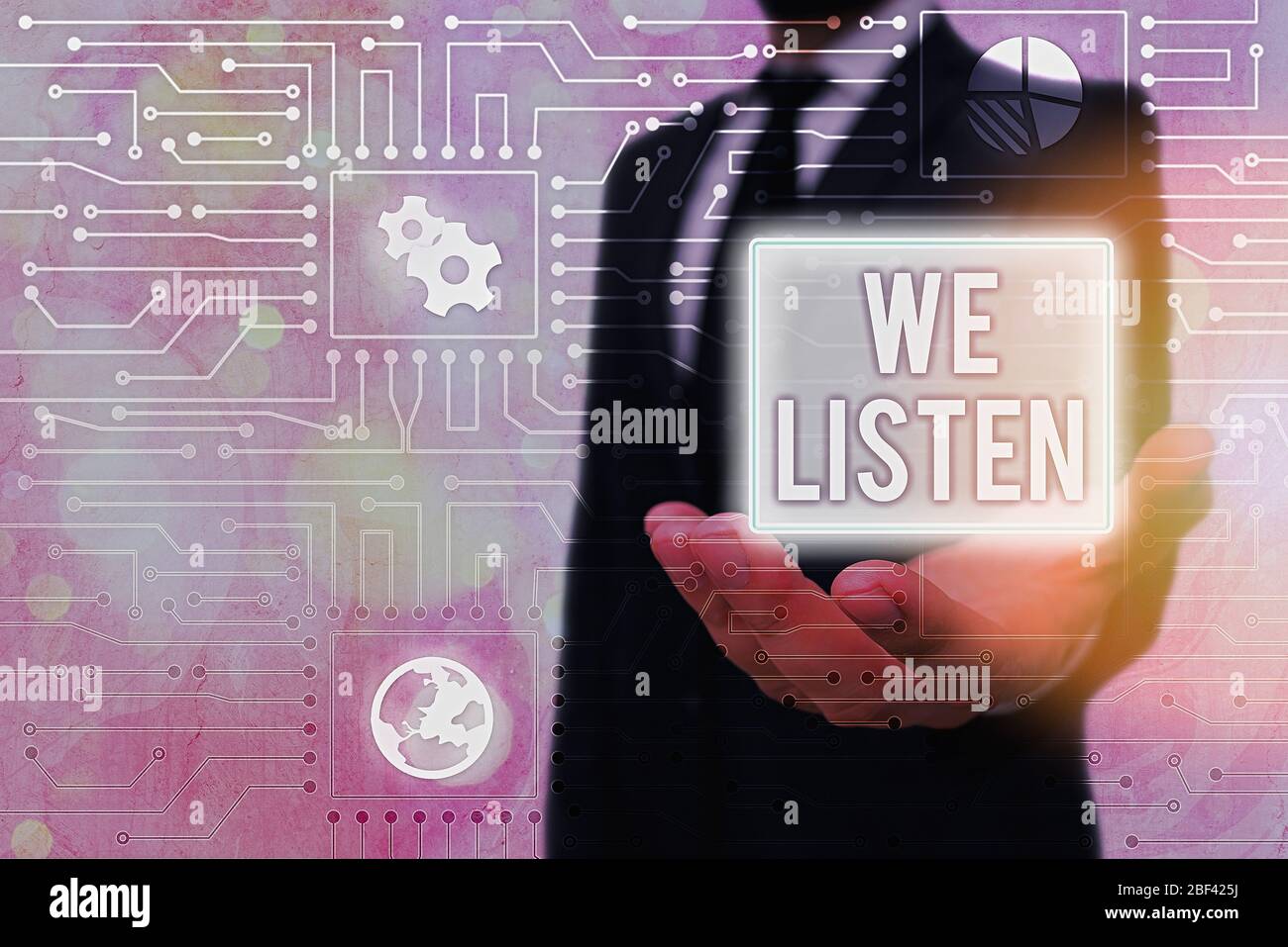 Conceptual hand writing showing We Listen. Concept meaning Group of ...