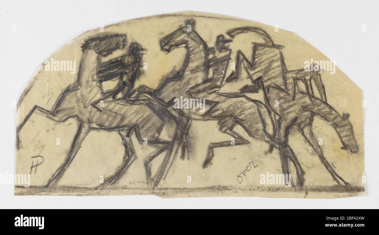 Jockeys on Horseback. On curved irregular sheet, three pairs of jockeys ...