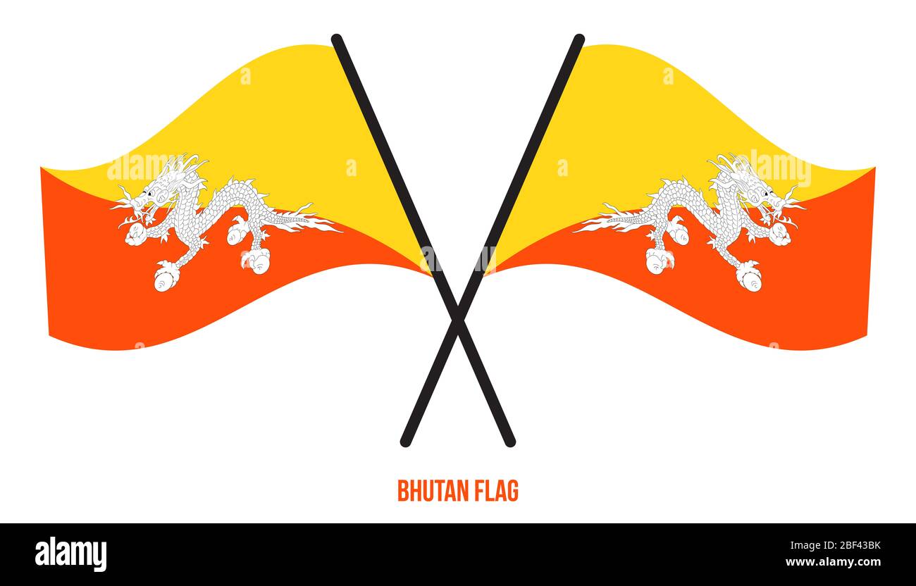 Two Crossed Waving Bhutan Flag On Isolated White Background. Bhutan ...