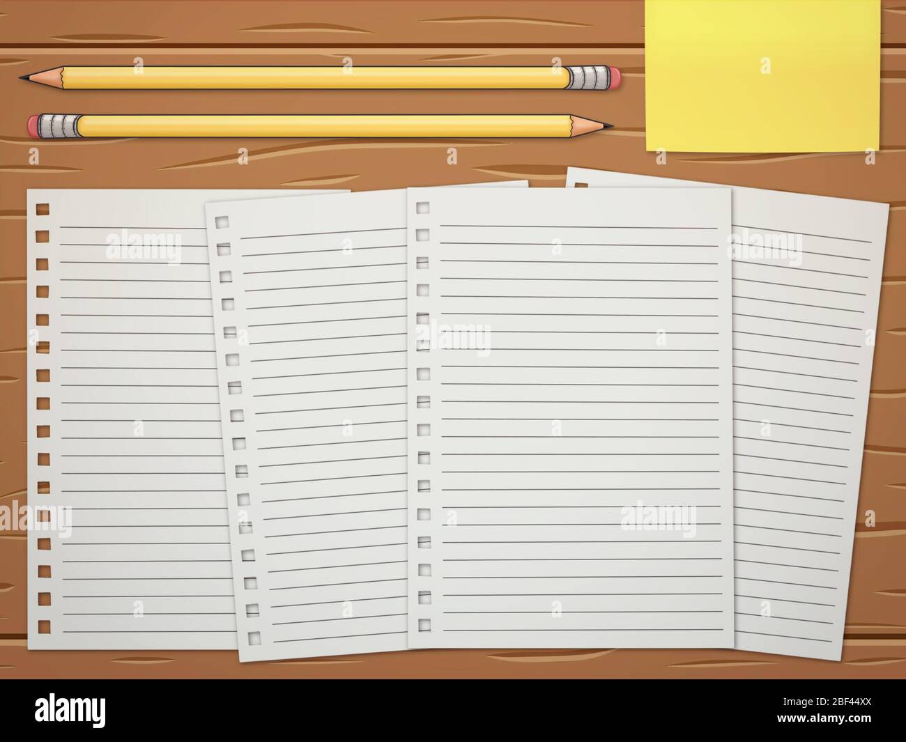 Illustration of several messy pages on a wooden desk table, next to two ...