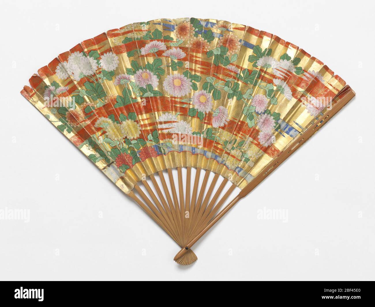 Pleated fan and case. Pleated fan. Painted paper leaf showing flowers ...