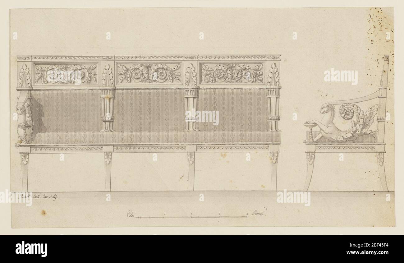 Design for a Sofa. At left, the elevation of a sofa divided into three ...