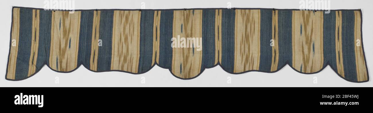 Valance. Wide valance with bands of solid blue and ochre, pink and ...