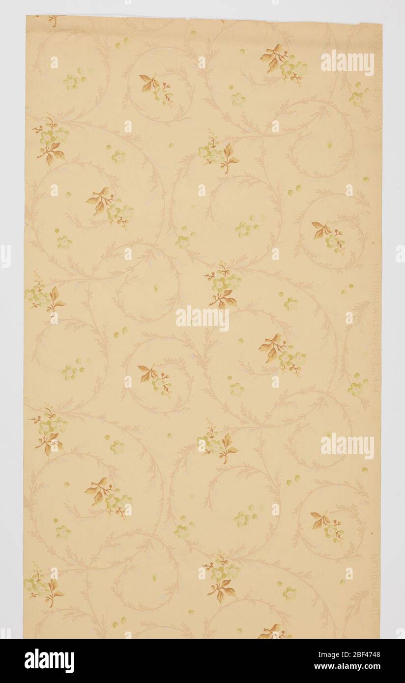 Ceiling paper. Yellow background with green flower and tan leaf pattern ...