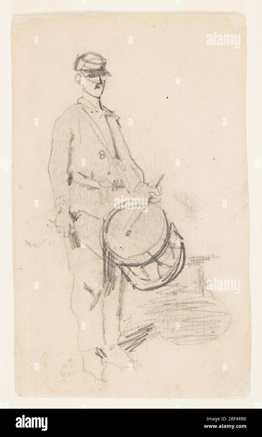Drummer. Recto: Vertical view of a drummer seen from the front, beating ...