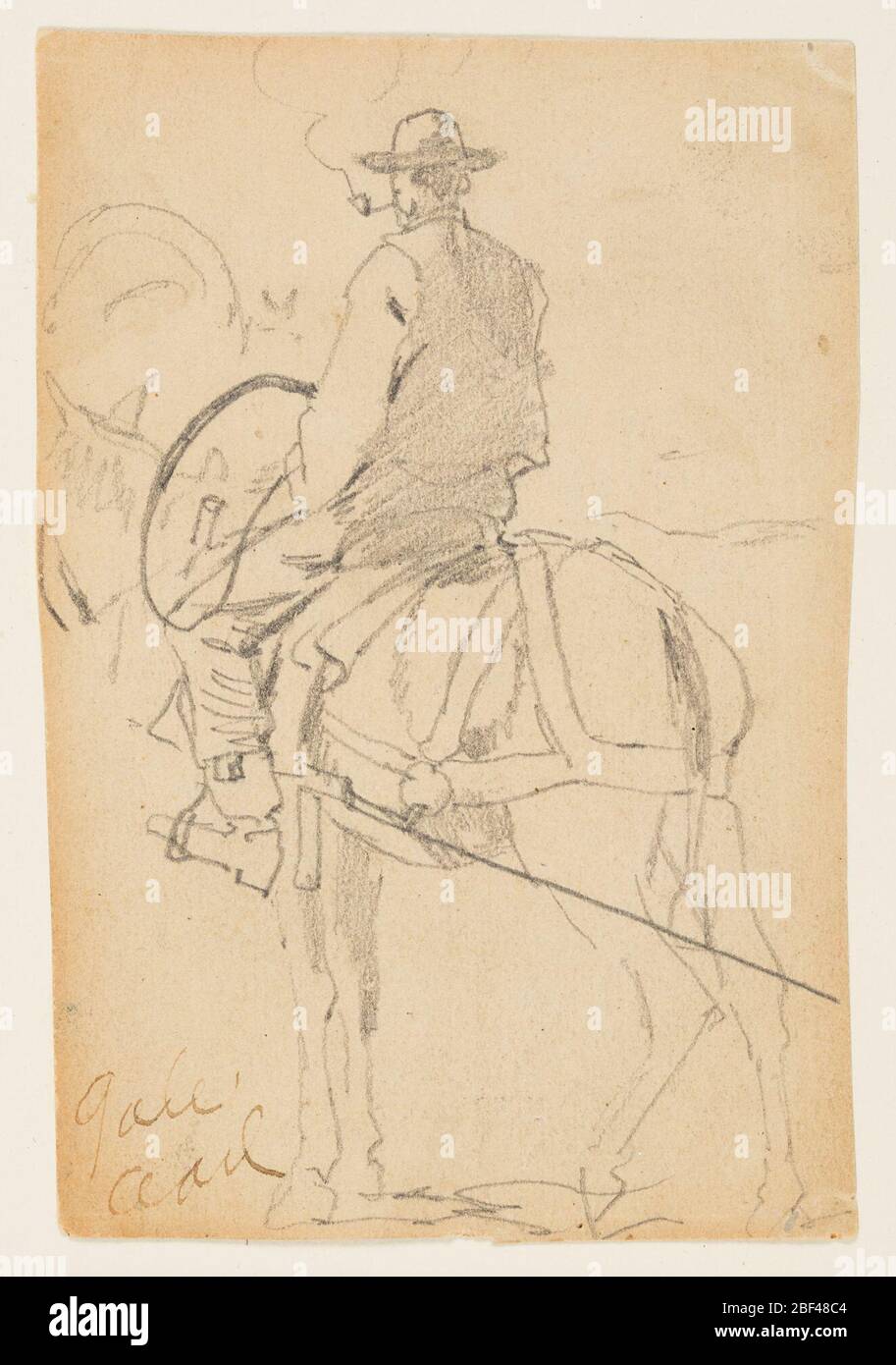 Man Riding a Horse. Vertical view of a man riding a harnessed horse ...