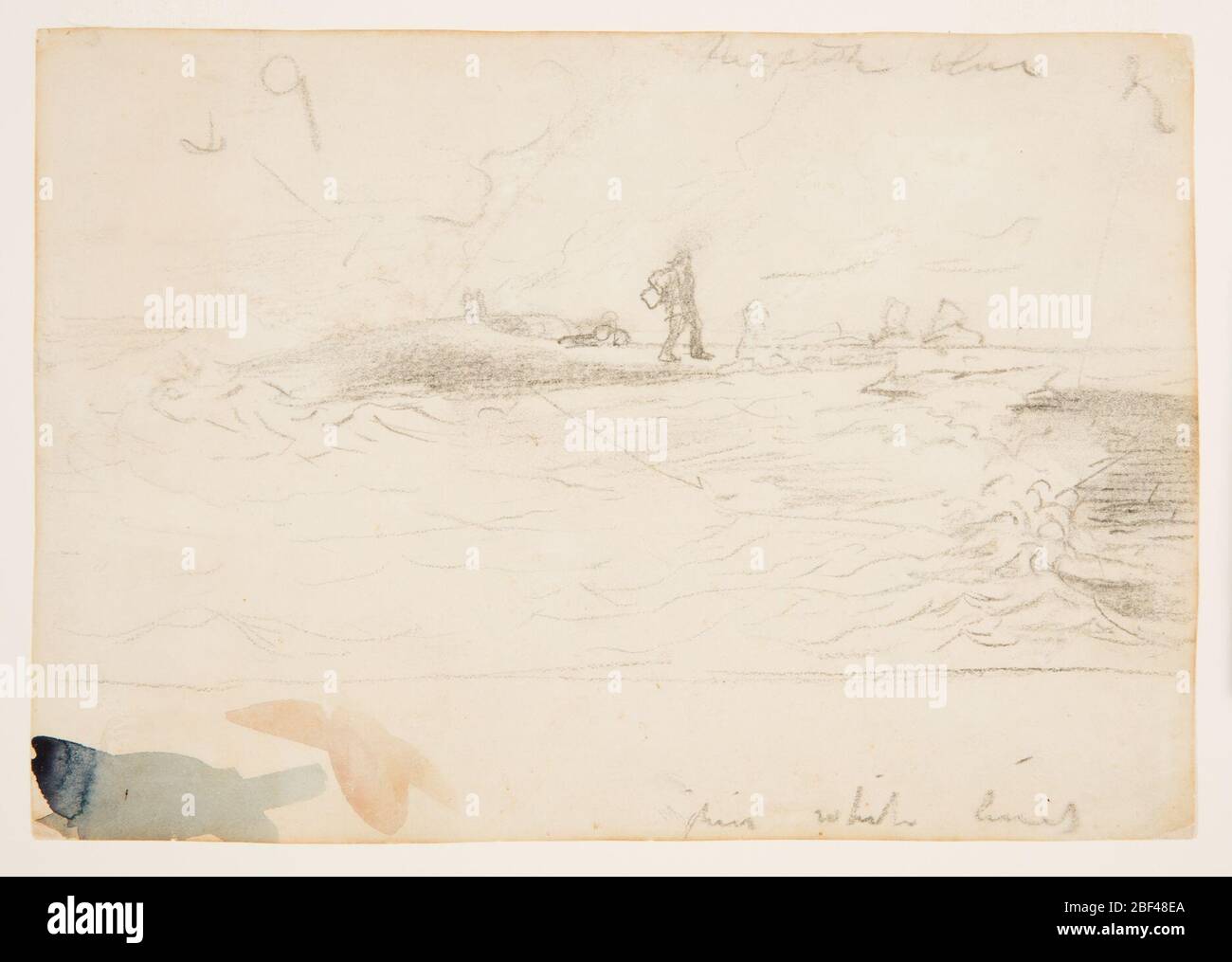 Beach Scene England. Horizontal view of the water, beach and figures ...