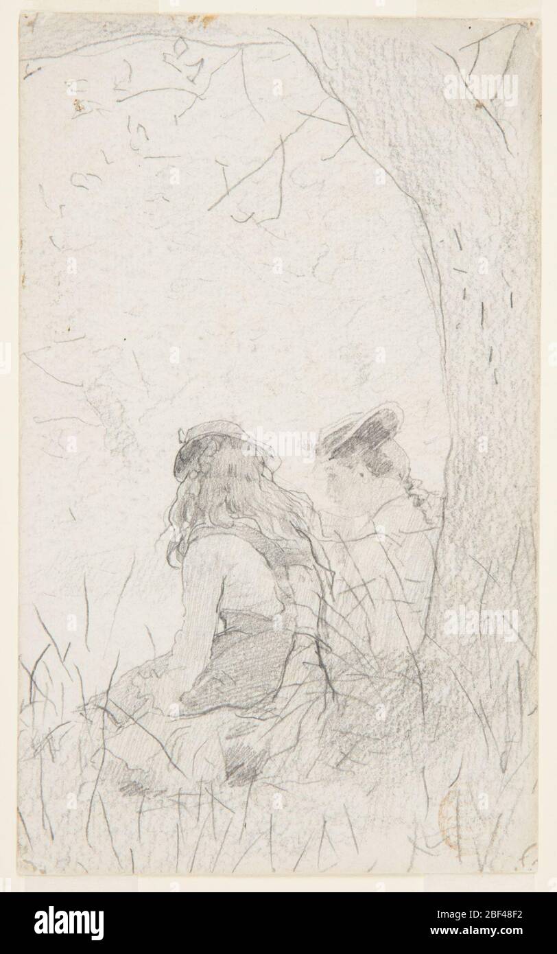 Two Girls Under a Tree. Two girls, viewed from behind, sit in the ...