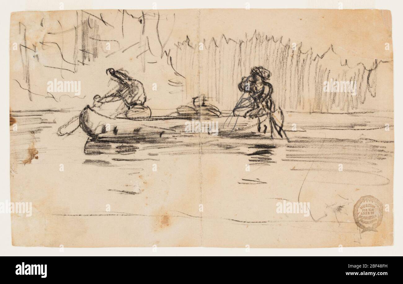 Side View of Canoe with Two Men. Sketch of two male figures in a canoe ...