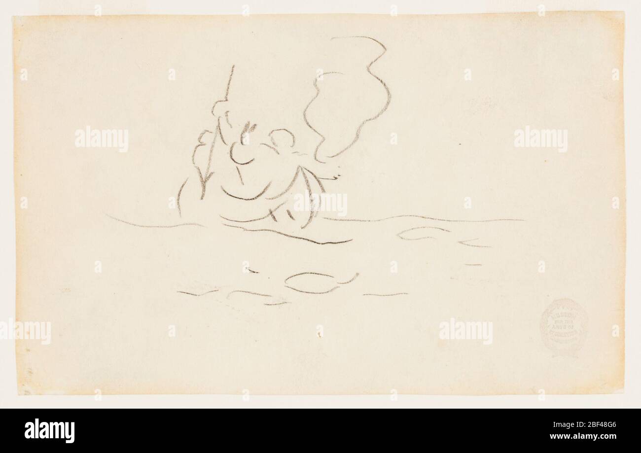 Man in a Canoe with Harpoon. Sketch of a male figure, in a canoe, who ...