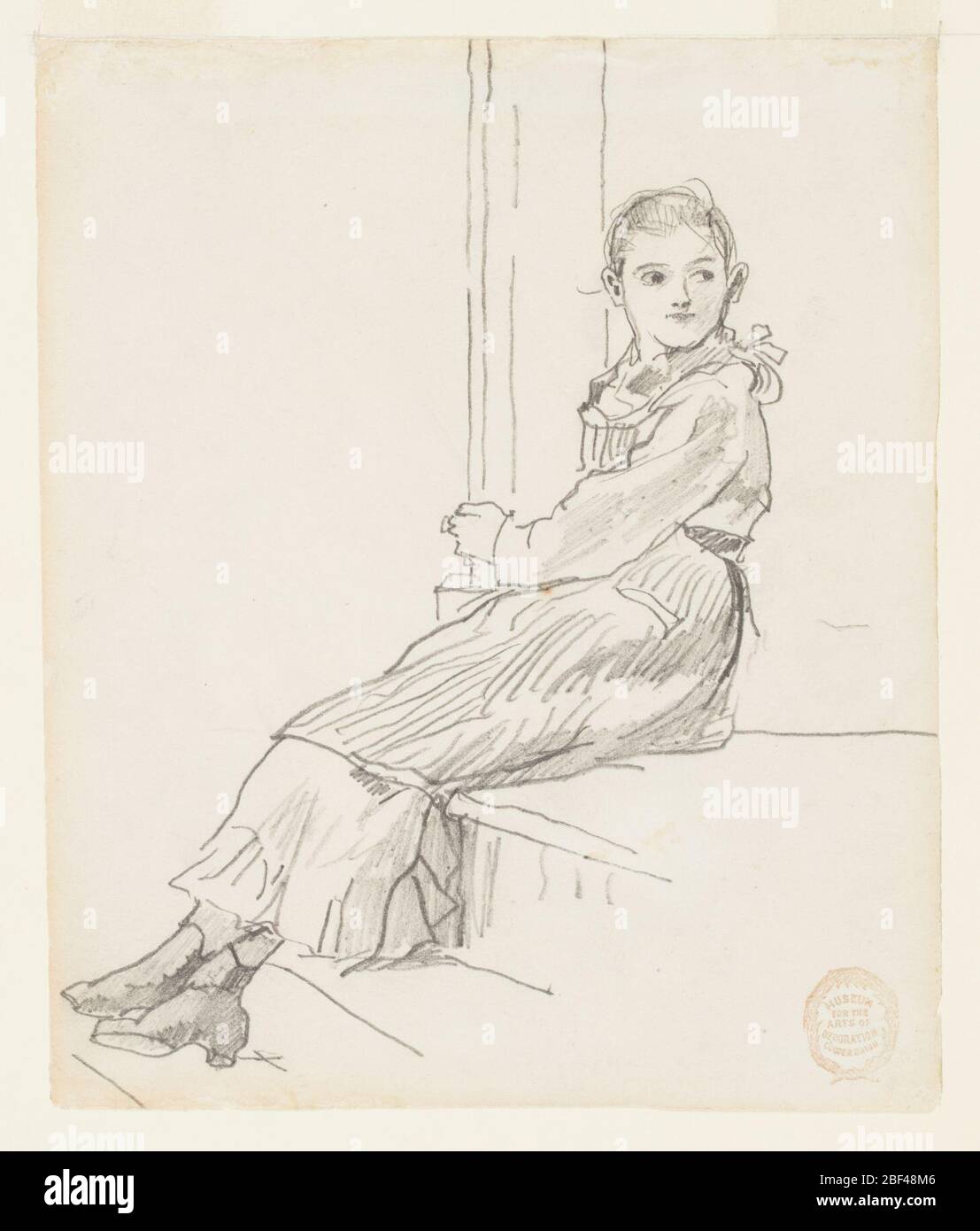 Girl Seated on a Porch Step. Vertical view of a girl sitting on a porch ...