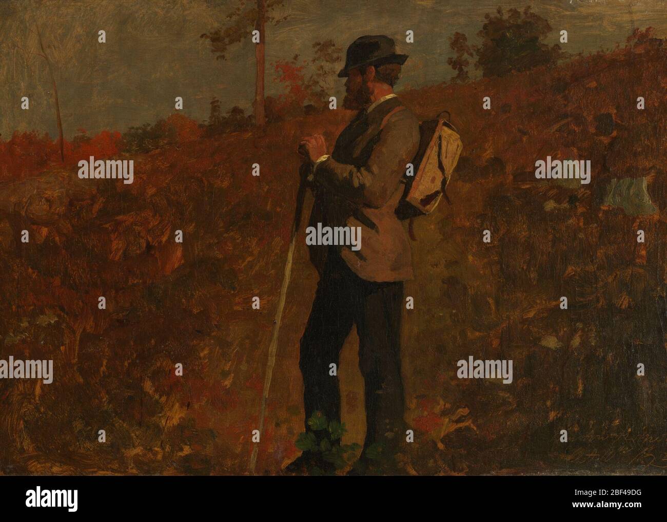 Man with a Knapsack. A male figure with a reddish-brown beard, grey ...