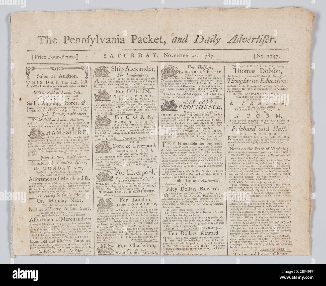 The Pennsylvania Packet and Daily Advertiser No 2747. November 24, 1787 ...