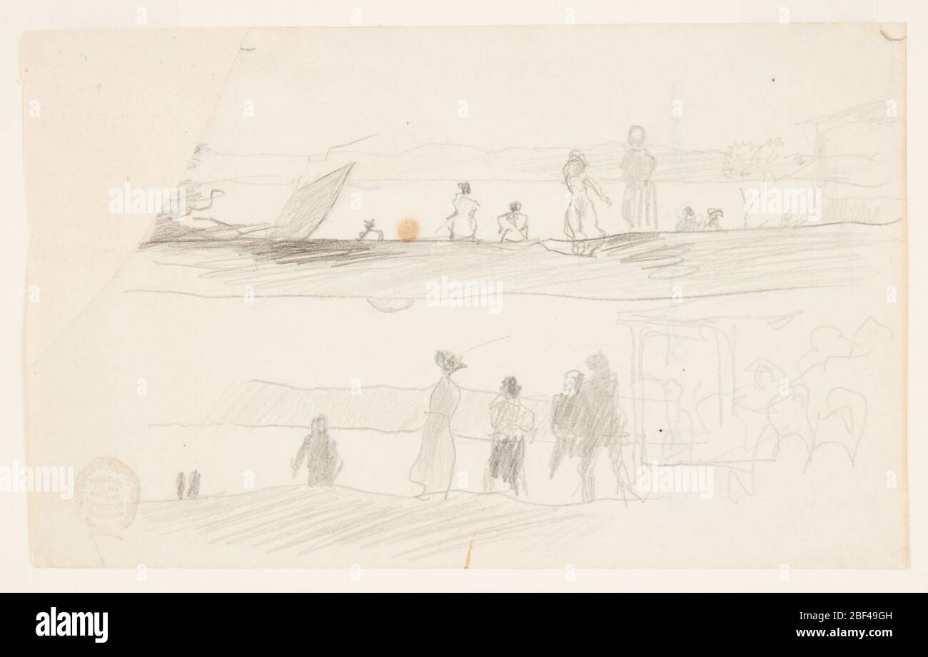 Figures Looking Overlooking a Bay. Two horizontal sketches, one above ...