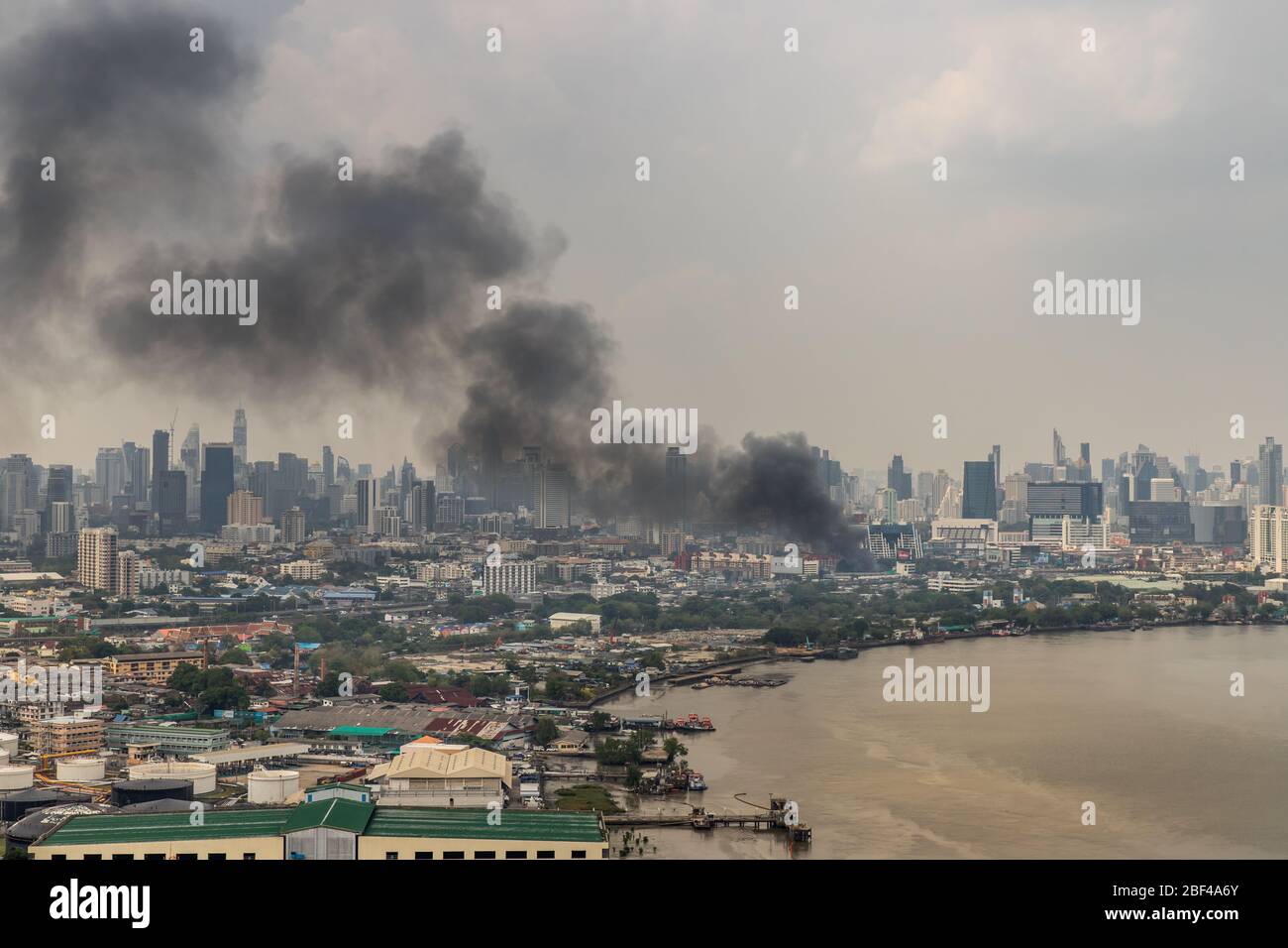 Bangkok, Thailand - 14 Apr 2020 : See smoke of the building on fire at ...
