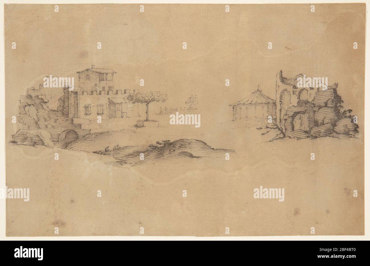 Sketches of a Building and a Ruin. Left: sketch of a crenelated ...
