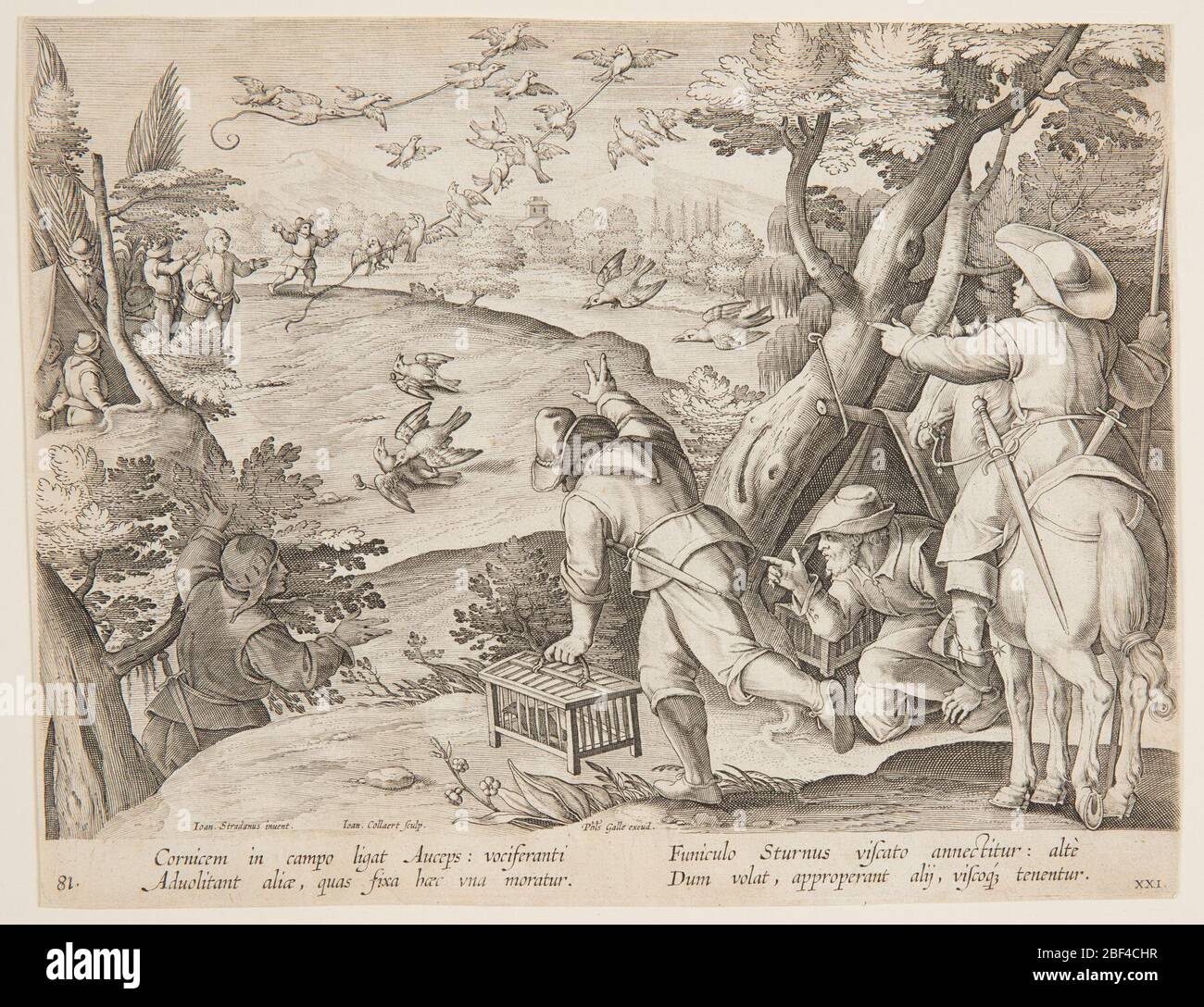 Fowling. Horizontal rectangle. Fowlers behind tree, right. Methods of ...