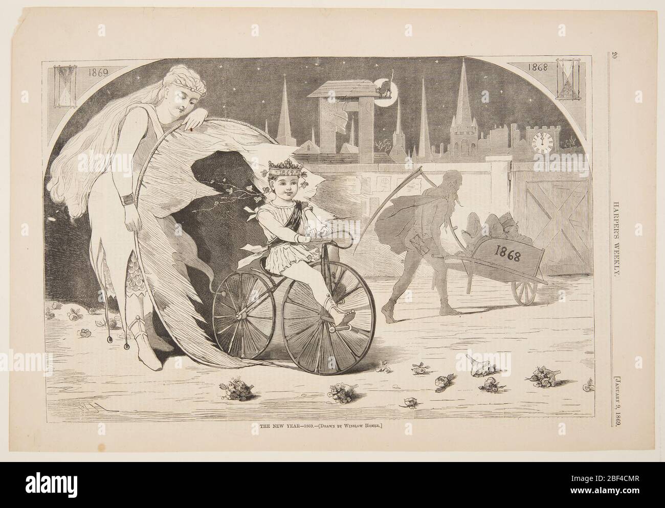 The New Year 1869. The New Year is represented by a small boy on a ...