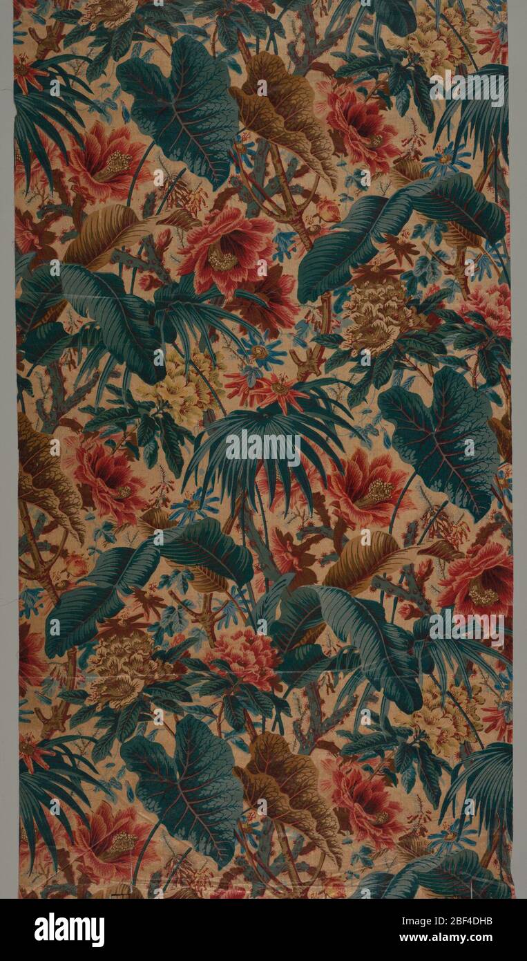 Textile. Offset repeat of dense multicolored coverage of leaves and ...