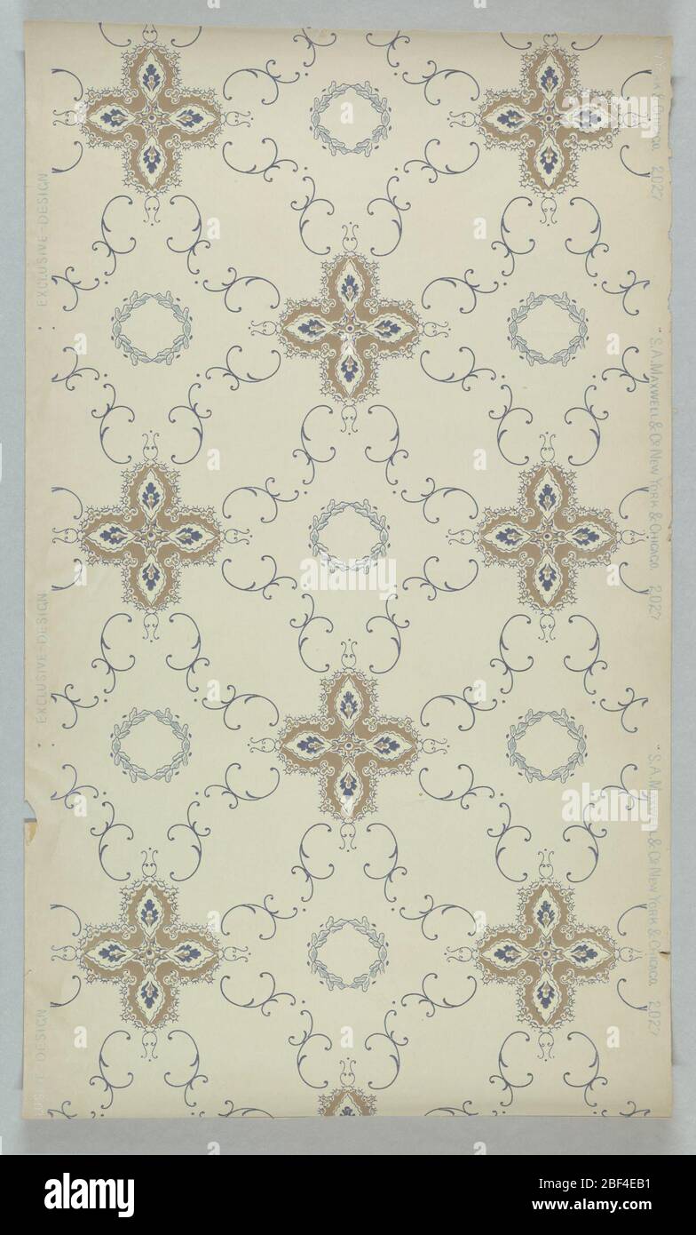 Ceiling paper. Quatrefoil motifs joined together with C-scrolls forming ...