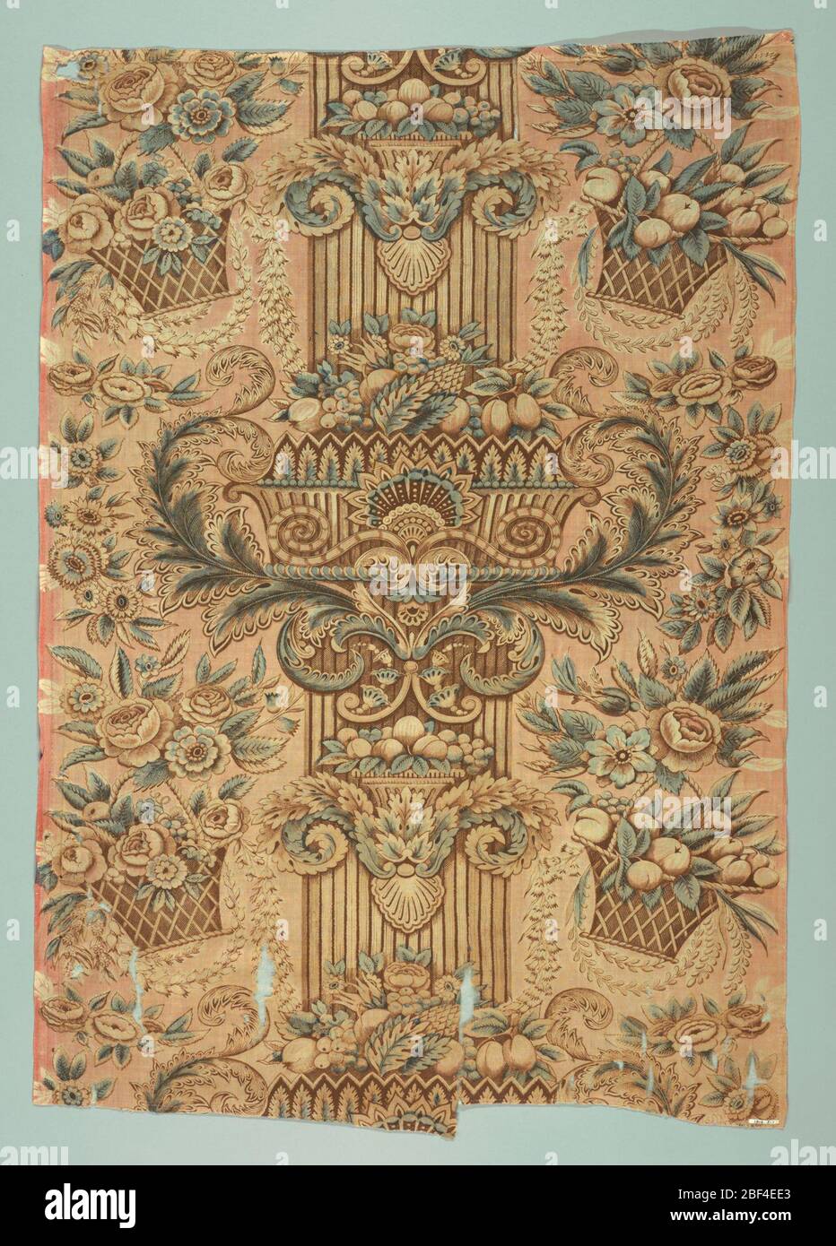 Textile. Pillar print of brown and blue with fluted columns, scrolling ...