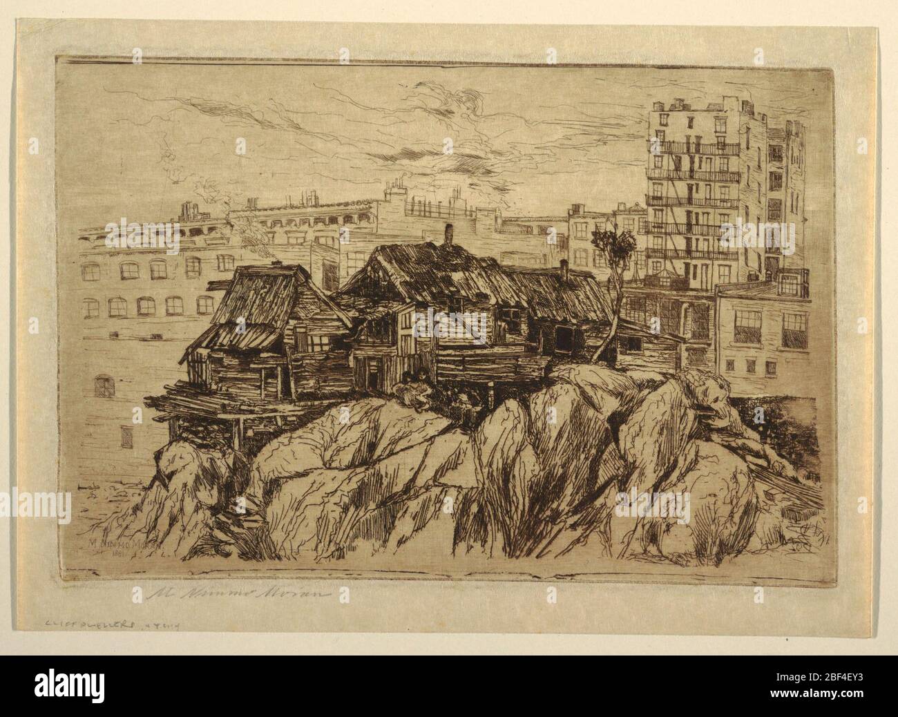 The Cliff Dwellers of New York. View of rickety structures on rocks ...