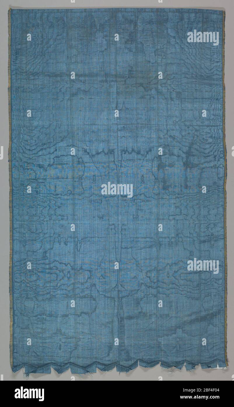 Textile. Two lengths of blue moire with selvages in pink and yellow ...