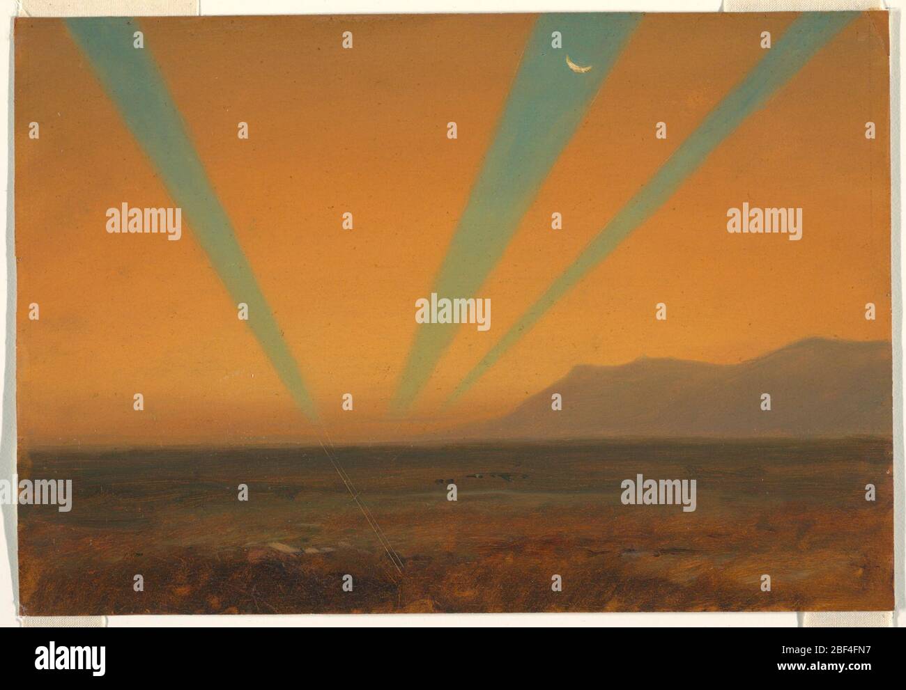 Landscape with Sunset. Low horizon with radiating green rays across ...