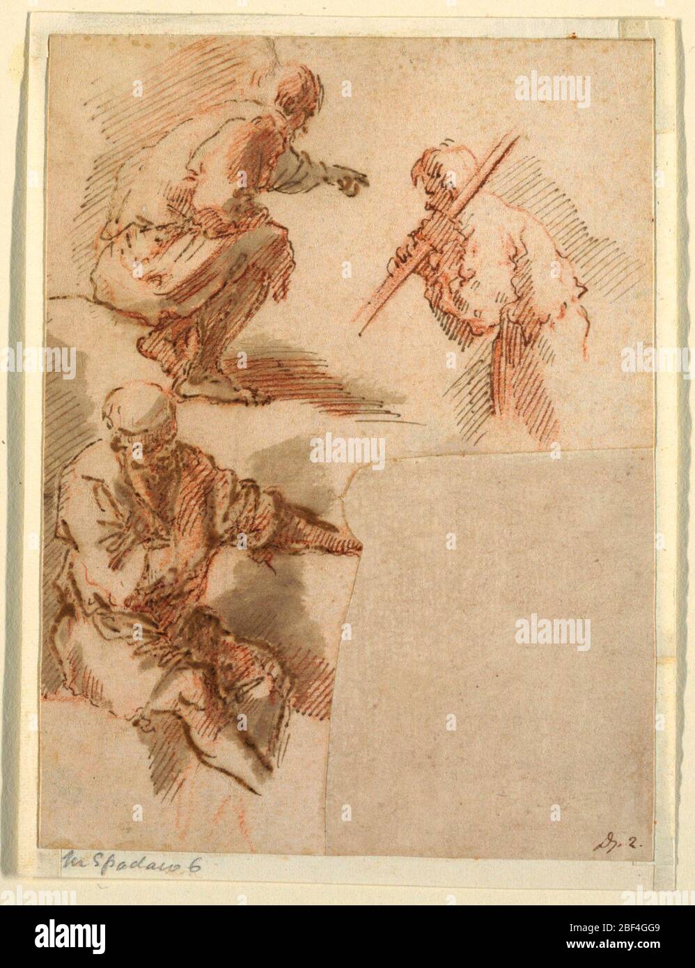 Three Men. Upper left, a crouching figure facing right, pointing with ...