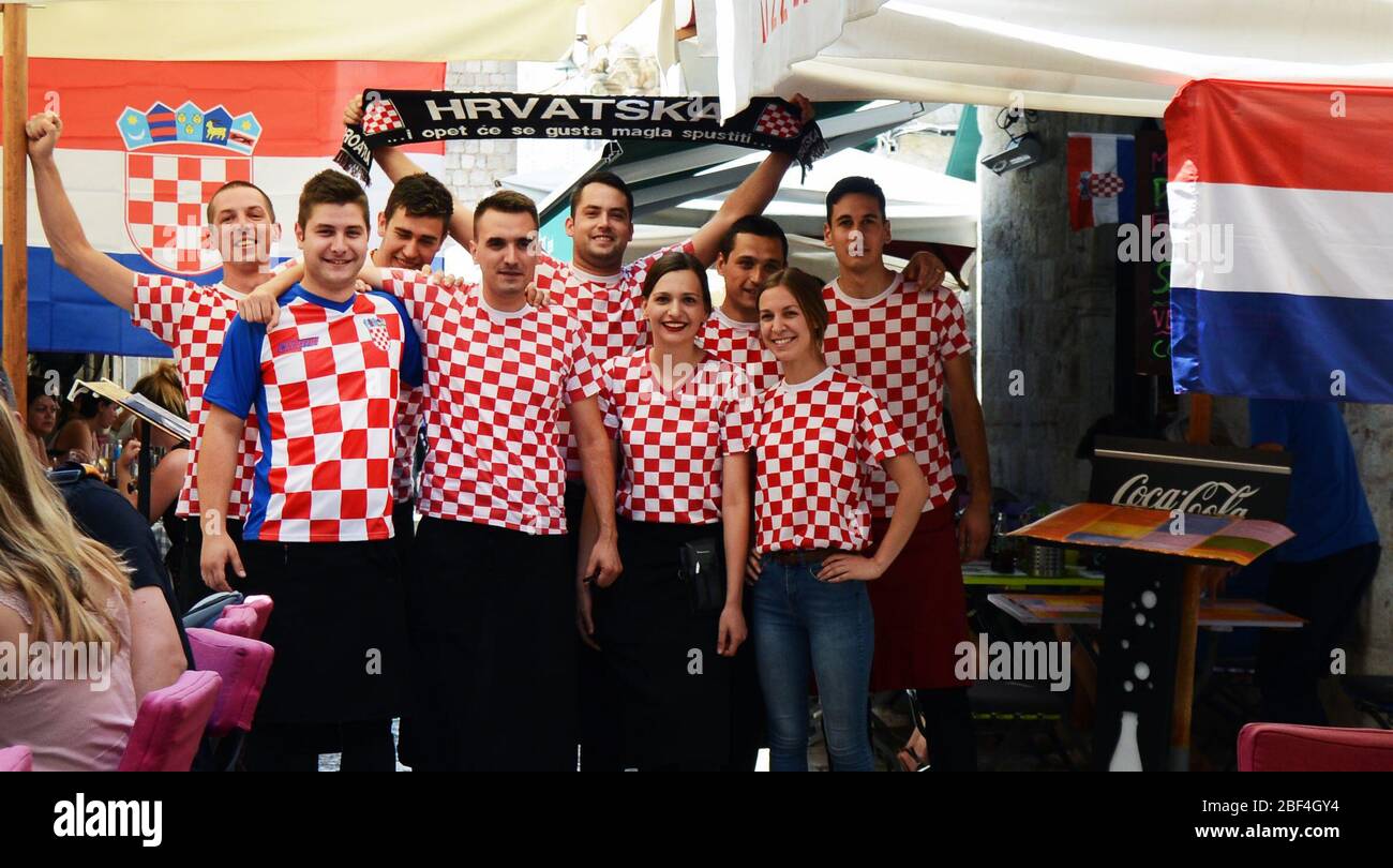 Croatian football fans watching the world cup final in the old city of ...