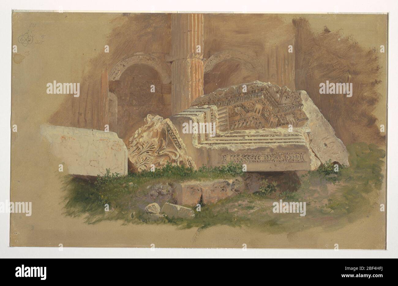 Interior of the Temple of Bacchus Baalbek. The lower parts of two bays ...