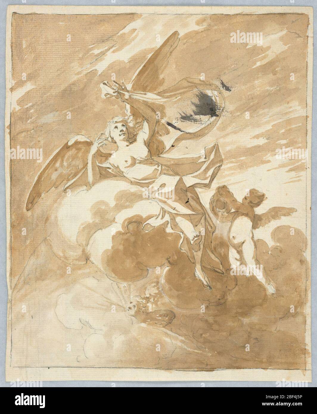 Project for a Ceiling. Angel flying in clouds with two figures blowing ...
