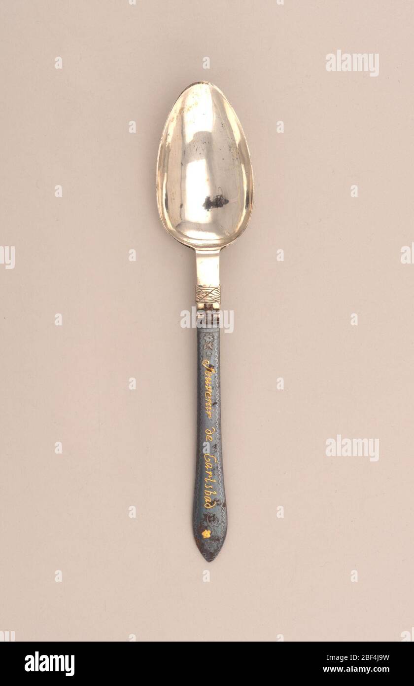 Folding spoon. Oval spoon bowl, flat curved neck. Handle attached to ...