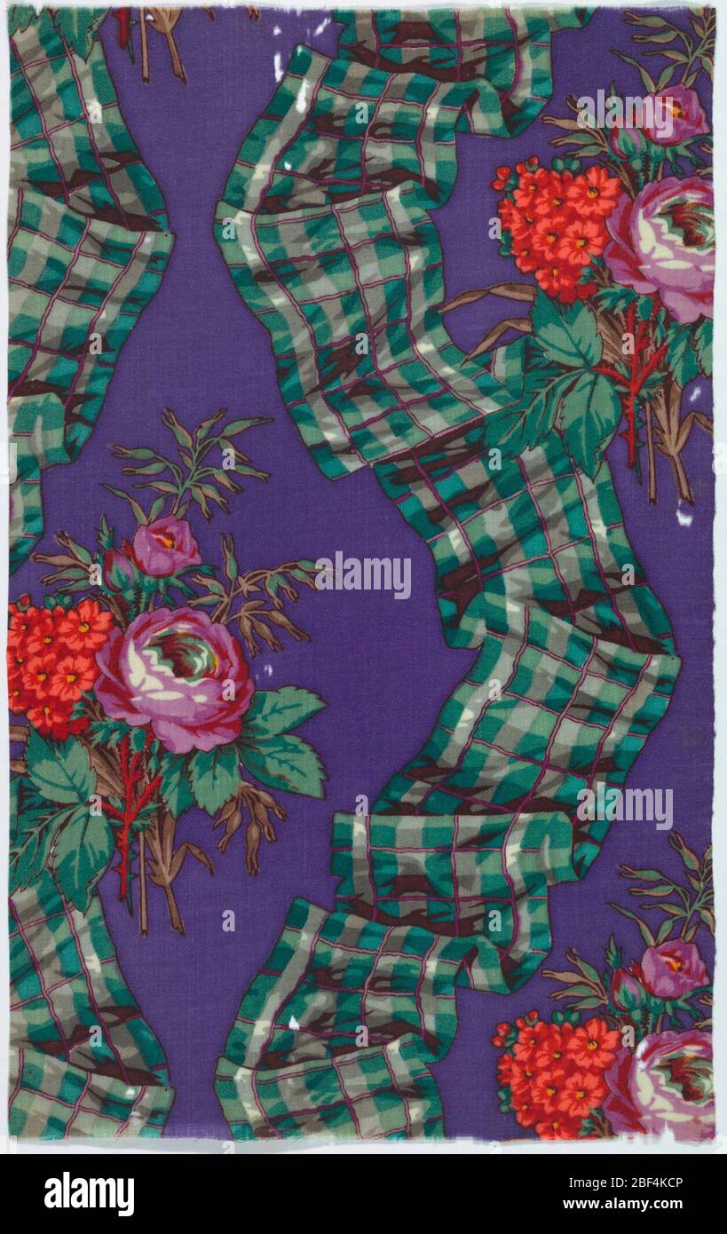 Textile. One of seven pages from a printed fabric sample book has a ...