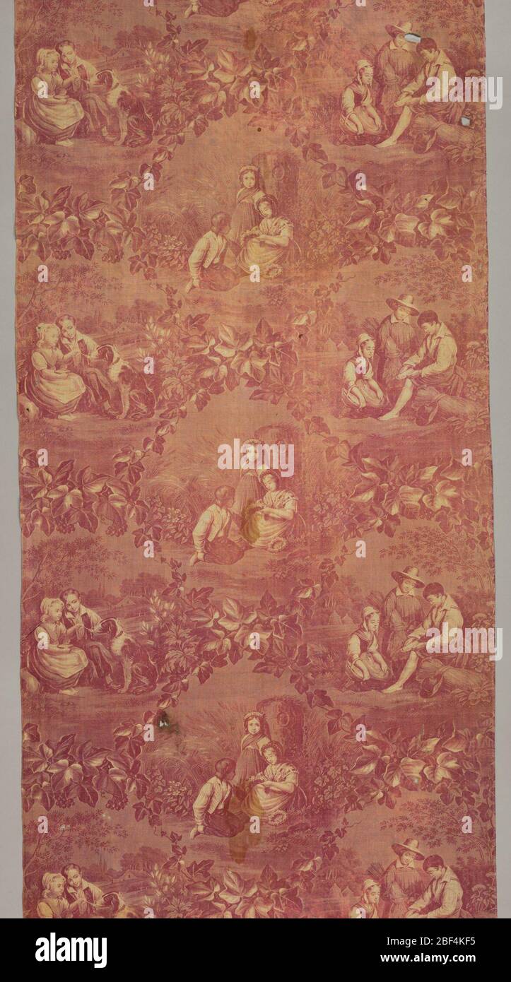 Textile. Straight repeat of three offset scenes framed by am ivy vine ...