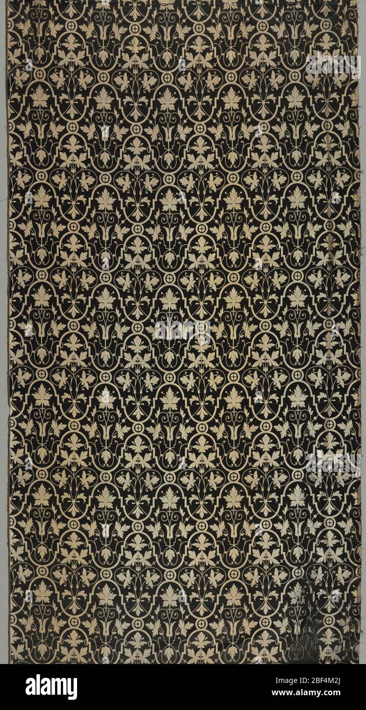 Textile. Large, curtain-length panel of black satin with cream-colored ...