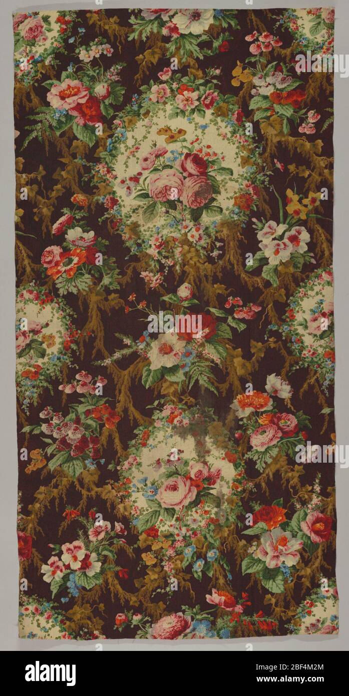 Textile. Cartouches of flowers on a brown, mossy background. Roses ...