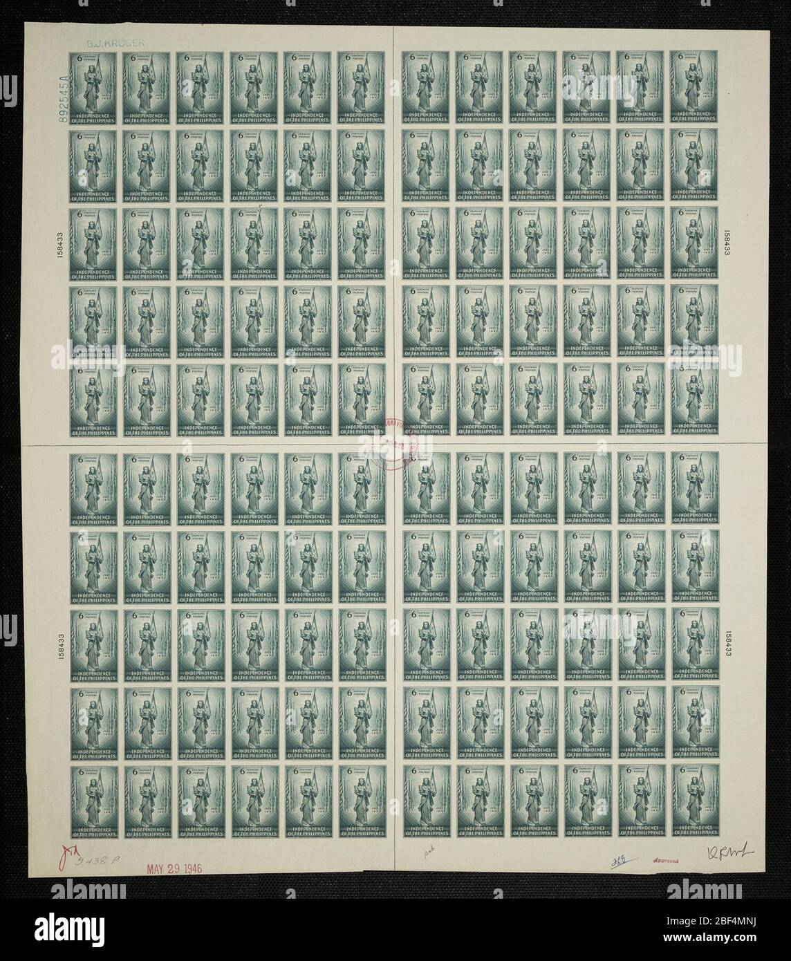 6c Philippine Girl Holding Flag of the Republic plate proof. Certified ...